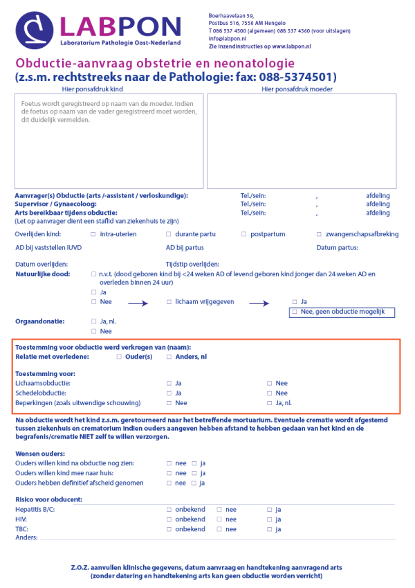 Obductie-aanvraag obstetrie en neonatologie